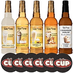 Jordan's Skinny Syrups Sugar Free 5 Flavor Variety 1 of each 750 ml Bottles (Pack of 5) with By The Cup Coasters