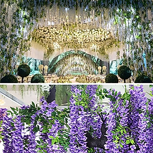 6 Pieces Wisteria Artificial Flower 45 inch Bushy Silk Vine Ratta Hanging Garland Hanging for Wedding Party Garden Outdoor Greenery Office Wall Decoration (Pruple Blue(6 pcs))