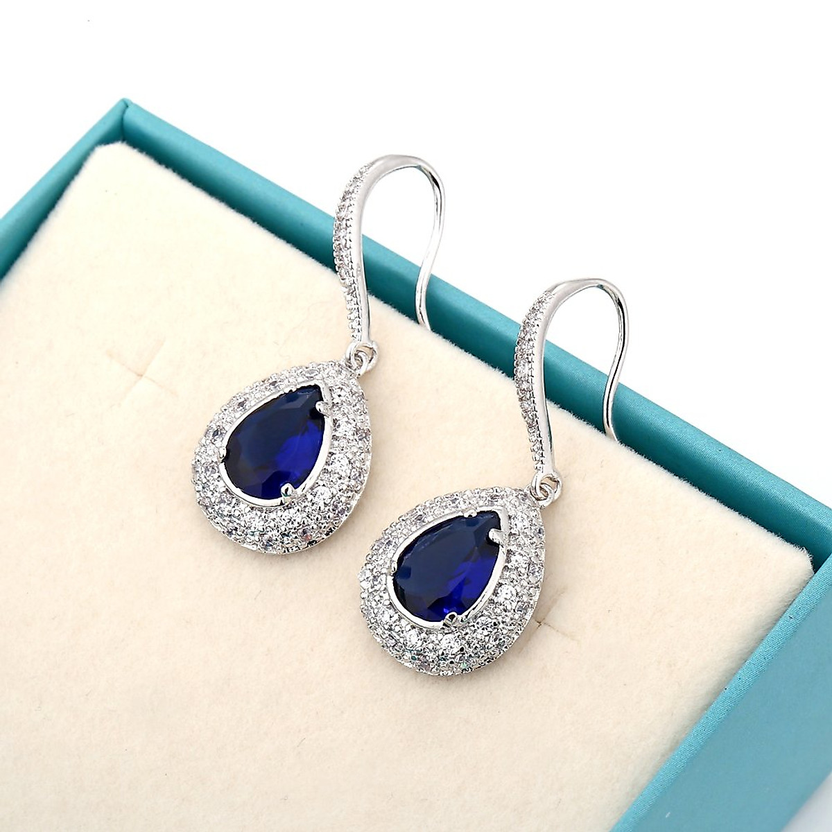 Sapphire Earrings for Women - Silver Bridal Teardrop Blue Crystal Cubic Zirconia Drop Earring for Wedding Party Prom Fashion Jewelry for Bride Bridesmaids September Birthstone Birthday Jewelry