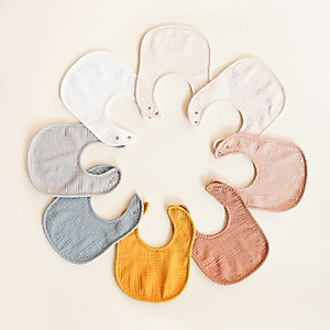 Konssy Muslin Baby Bibs 8 Pack Baby Bandana Drool Bibs Cotton for Unisex Boys Girls, 8 Solid Colors Set for Teething Drooling