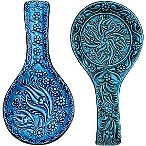 BCS Spoon Rest Set of 2 - Ceramic Spoon Holder for Stovetop & Kitchen Counter - Dishwasher Safe Handmade Kitchen Utensil (Turquoise 4.5" W x 9" L)