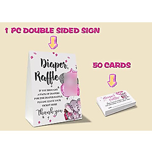 Yuansail Diaper Raffle Tickets For Shower, Pink Elephant Themed Cards, Party Favors For Showers Game Cards, 1 Sign & 50 Cards Per Pack – (bb007-niaobu)