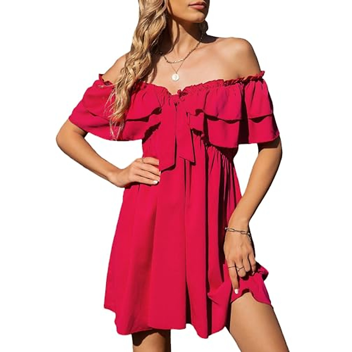 WDIRARA Women's Off Shoulder Frill Trim Short Sleeve Tie Front Flare Dress Red L