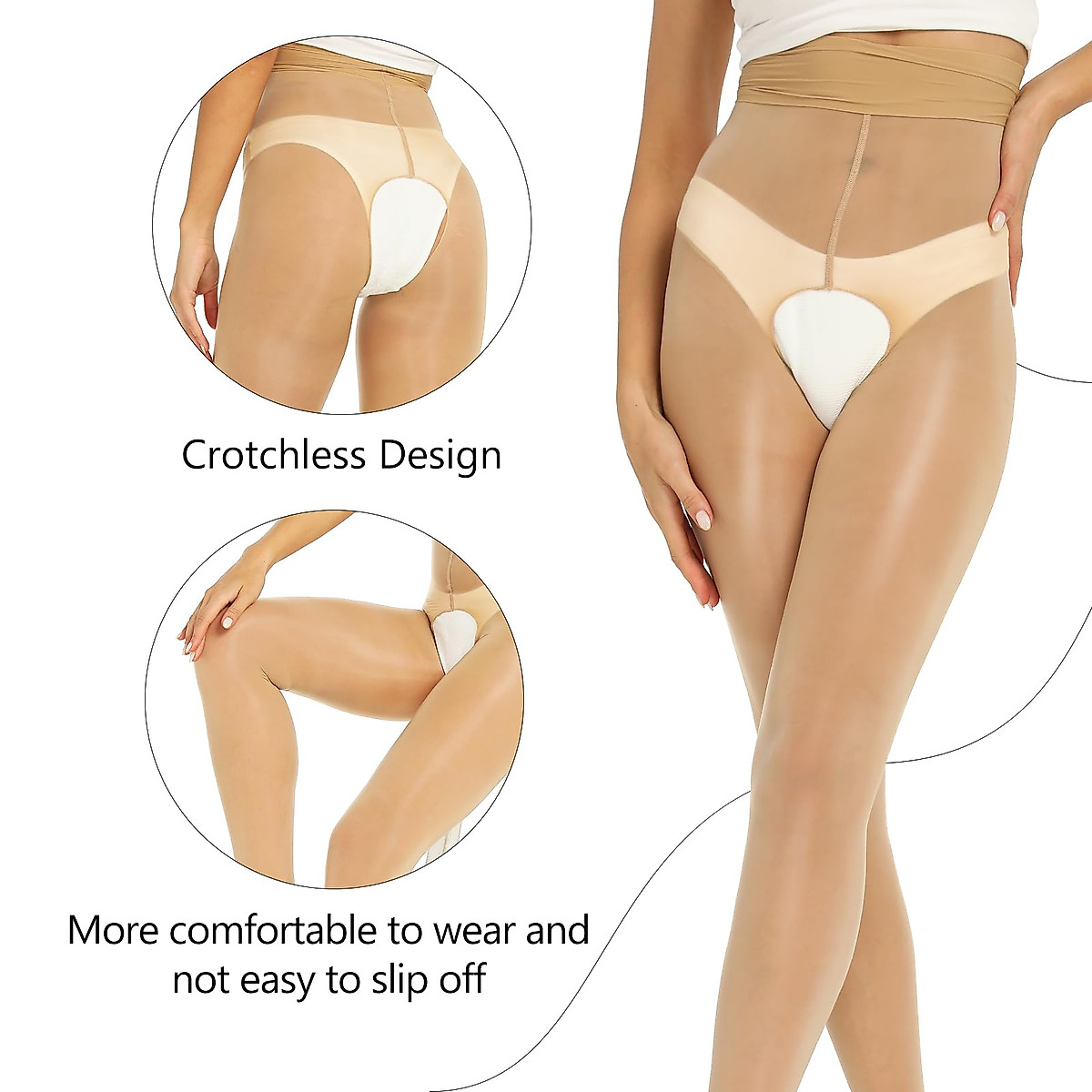 Yilanmy Shiny Sheer Tights Open Crotch pantyhose for Women High Waist shimmery tights Oil Shimmery Nylons 2 Pairs(Natural,L-XL)