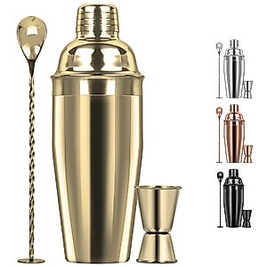 Large 24oz Cocktail Shaker Set, Stainless Steel 18/8 Martini Mixer Shaker with Built-in Strainer, Measuring Jigger & Mixing Spoon, Martini Shaker Set, Perfect for Bartender and Home Use, Gold