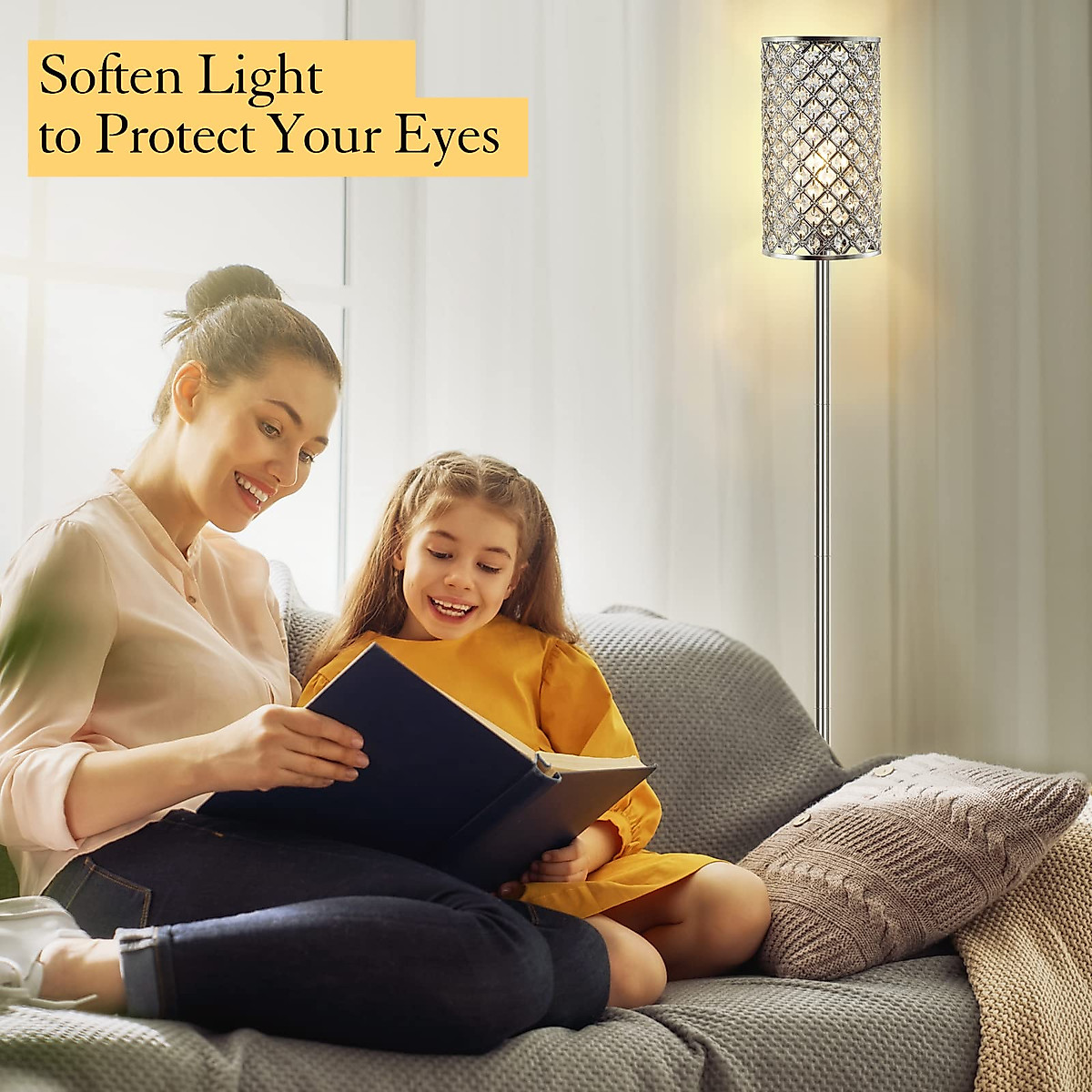 GyroVu Crystal Floor Lamp, Elegant Standing Lamp Modern Floor Lamp Silver Finish Tall Pole Lamp Accent Light with On/Off Foot Switch for Living Room, Girl Bedroom, Dresser, Office