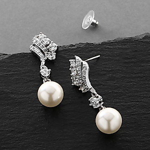 Mariell Pearl Drop Wedding Bridal Earrings, Cubic Zirconia and Pearl Drop Earrings for Brides, Bridesmaid