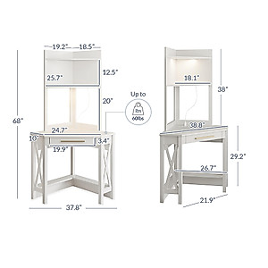 BELLEZE Corner Desk with Hutch, Compact Home Office Desk with Display Shelf and Drawer, Space Saving Writing Desk with Charge Outlets and LED Lights for Living Room, Bedroom - Tate (White)