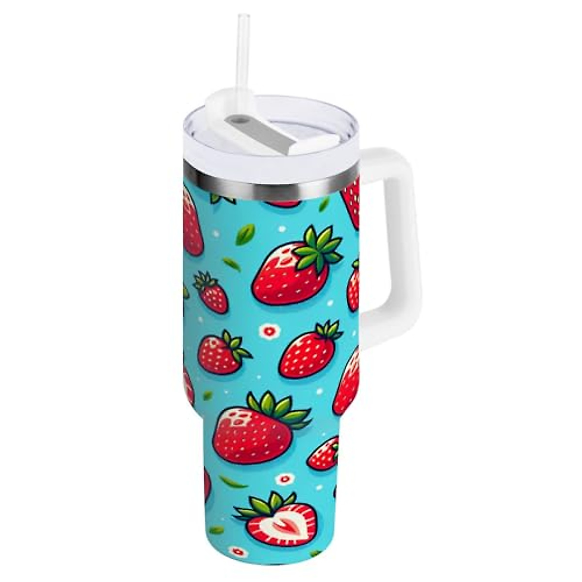 Jihqo Cute Strawberry Red Blue 40 oz Stainless Steel Vacuum Insulated Tumbler with Handle and Straw Lid, Leakproof Water Bottle Double Wall Travel Mug Coffee Cup, Cupholder Friendly