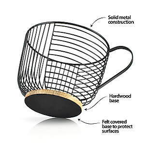 Coffee Pod Holder - Large Capacity Black Wire Kup Storage with Wooden Base - Modern Coffee Basket Decor for Kitchen Countertop for Pods & Espresso Capsules