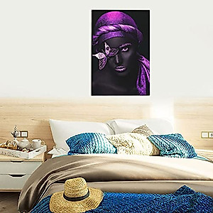 Siufgak Black Women Canvas Wall Art African American Purple Turban Butterfly Poster Black Art Fashion Contemporary Artwork For Living Room Bedroom (16"X24" Unframed)