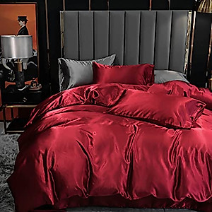 3 Pieces Silk Like Comforter Cover Set with Zipper Closure, Microfiber Luxury Breathable Ultra Soft Bedding Duvet Cover Set, Solid Color Modern Quilt Cover Set,Red,Queen(90''x90'')