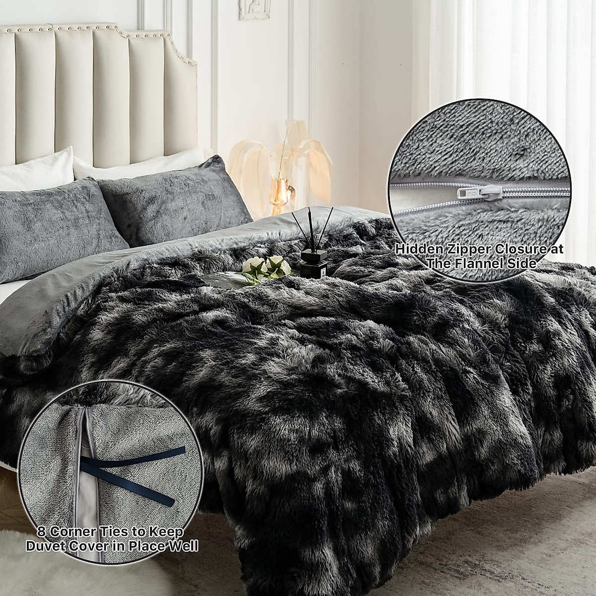 CHOSHOME Plush Shaggy Duvet Cover Queen Size, 3 PCS Fluffy Comforter Fuzzy Flannel Bedding Sets(1 Faux Fur Duvet Cover + 2 Pillowcases), Zipper Closure & 8 Corner Ties, Tie-Dye Dark Grey