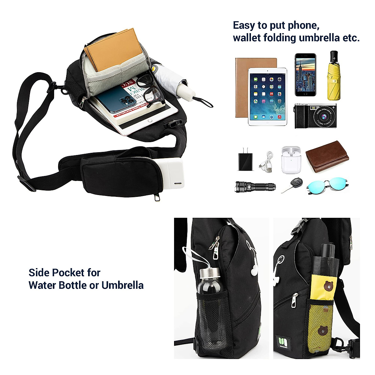 YOUNGNEON Sling Bag Anti-Theft Crossbody - Shoulder Backpack Chest Backpacks Waterproof Black/Grey Small Bags Mens Women Casual Daypack for Hiking Bicycle Sport (CS005, Black)