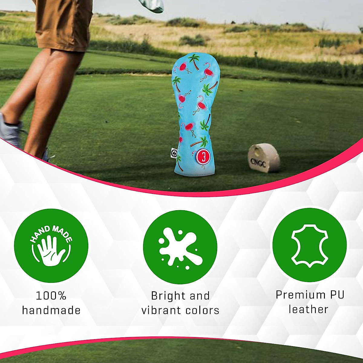 Pins & Aces LE Tropical Lawn Flamingo Head Cover - Premium, Hand-Made Leather Woods Headcover - Funny, Tour Quality Golf Club Cover - Style and Customize Your Golf Bag (Driver)