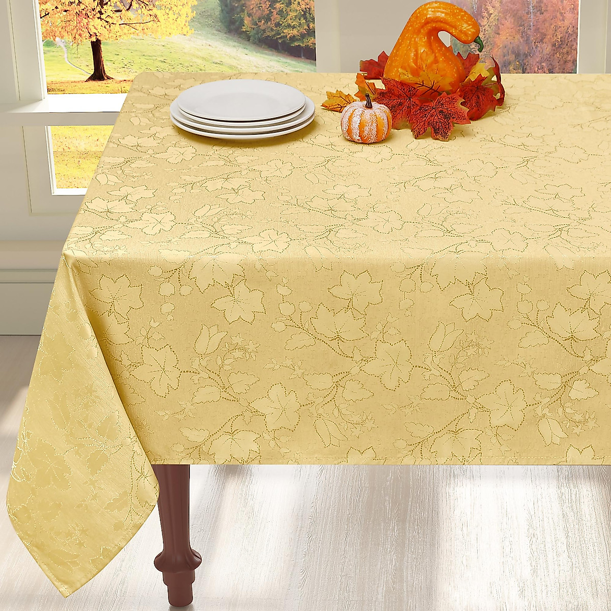 misaya Rectangle Fall Jacquard Tablecloth, Maple Leaf Damask Table Cloth, Waterproof Fabric Table Cover for Harvest and Thanksgiving Decorations (60" x 120", Yellow)