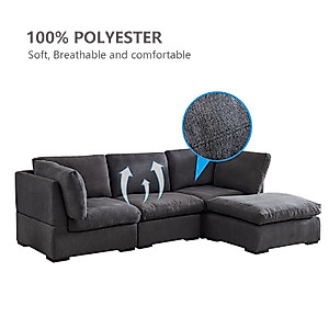 99" Modular Cloud Sectional Sofa W/Down Feather Filled & Reversible Lounge Chaise, L-Shaped Corner Couch Deep Seat with Movable Ottoman for Home Apartment Living Room Hotel Lobby, Dark Gray