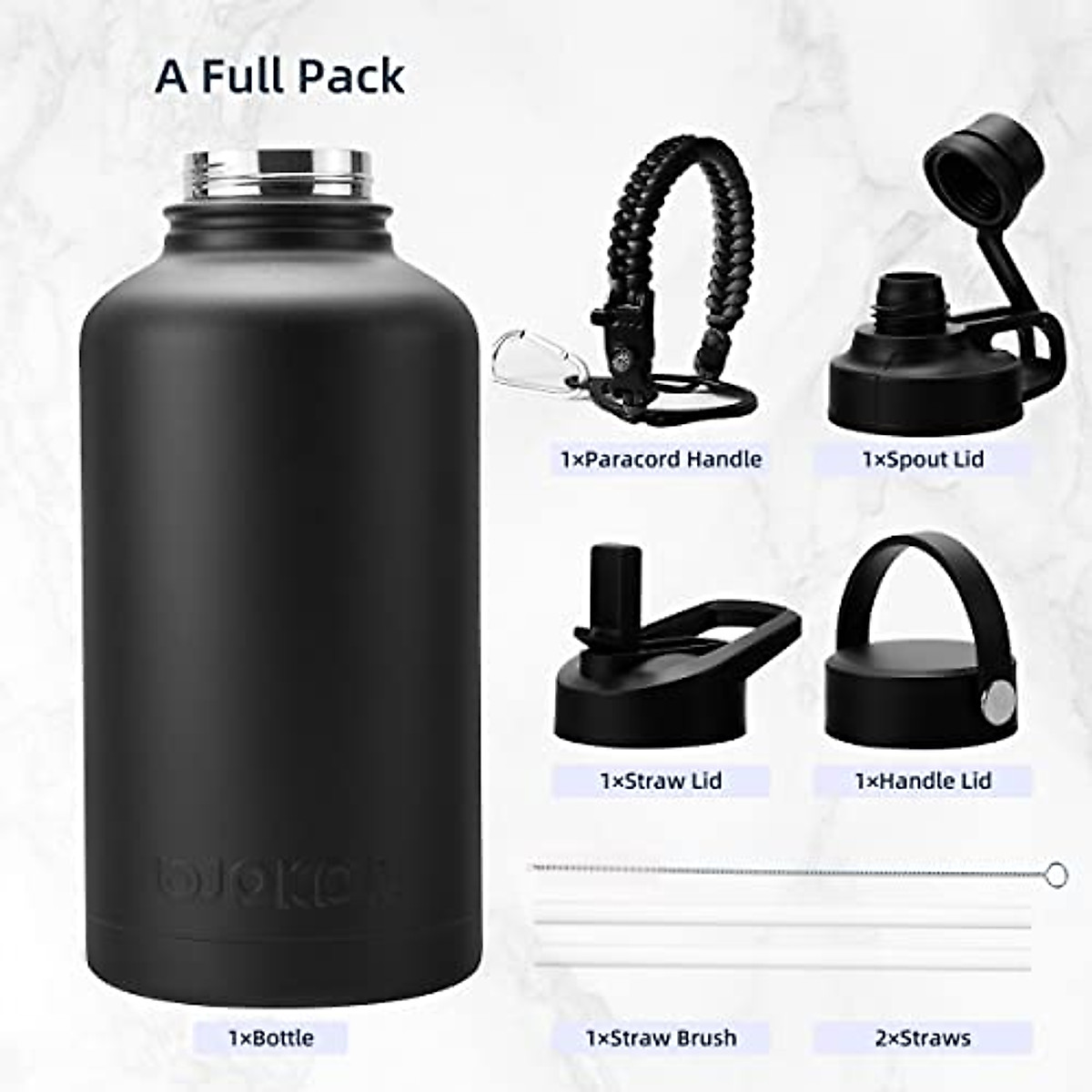 BJPKPK Half Gallon Insulated Water Bottles with Straw Lid,64oz Large Water Bottle,Stainless Steel Water Bottles with 3 Lids and Paracord Handle, Water Bottle for Hot & Cold Liquid, Black