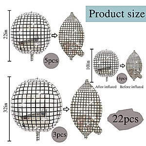 dmjuncong 22Pcs Disco Ball Balloons Different Sizes- 4D Large Disco Balloons 32” 22” 10 Inch Metallic Silver Disco Balloons for 70s 80s Disco Themed Birthday New Year's Party Decor Supplies