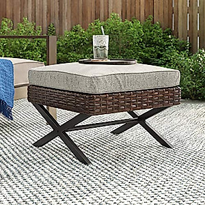 PatioFestival Wicker Patio Ottoman Outdoor Footstools Rattan Furniture X-Leg All Weather Footrest Seat with Cushion(Brown)