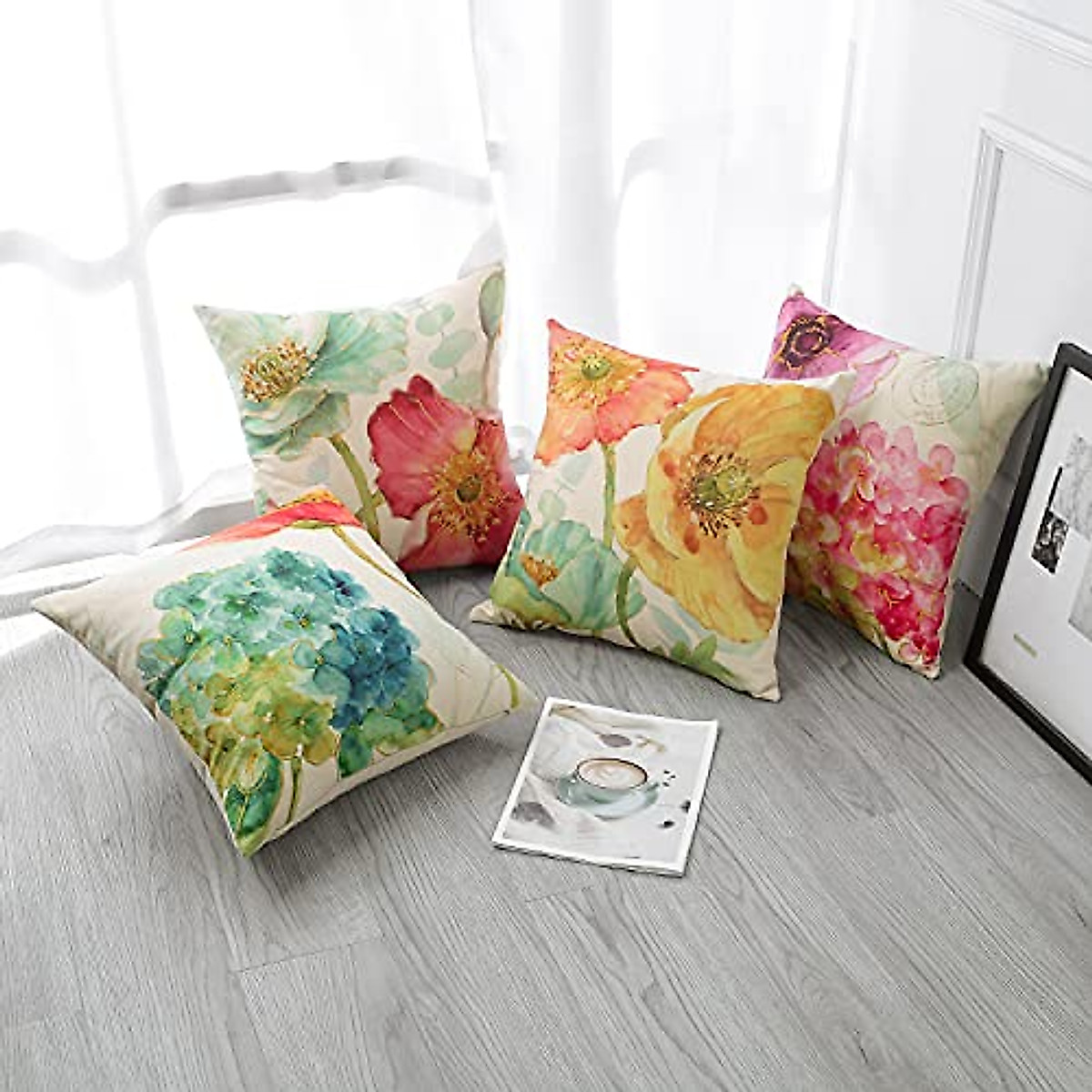 Artscope Set of 4 Waterproof Throw Pillow Covers 18x18 Inches, Hydrangea and Lotus Pattern Decorative Cushion Covers, Perfect to Outdoor Patio Garden Living Room Sofa Farmhouse Decor