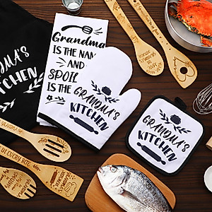 Leyndo 10 Pcs Grandma Gifts Set Including Grandma Apron Grandmother Tea Towel Tea Spoon Pot Holders Oven Mitt Bamboo Kitchen Cooking Spatula for Women Baking