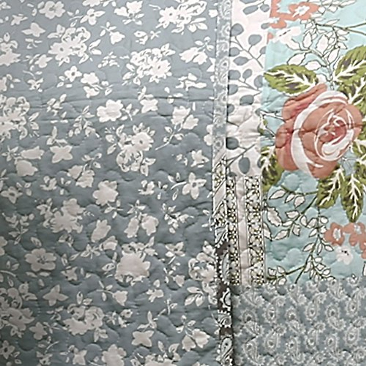 Lush Decor Blue Roesser Quilt | Patchwork Floral Reversible Print Pattern Country Farmhouse Style 3 Piece Bedding Set-King