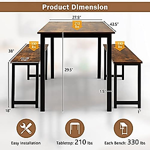 Moccha 3-Piece Dining Table Set for 4, 43" Modern Dining Room Table Set w/2 Benches & Metal Frame, Space Saving Kitchen Table Set for Living Room, Breakfast, Small Space (Rustic Brown & Black)