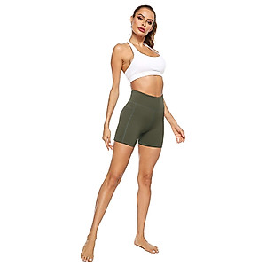AFITNE Yoga Shorts for Women with Pockets High Waisted Workout Athletic Running Shorts Biker Spandex Gym Fitness Tights Leggings Army Green - L