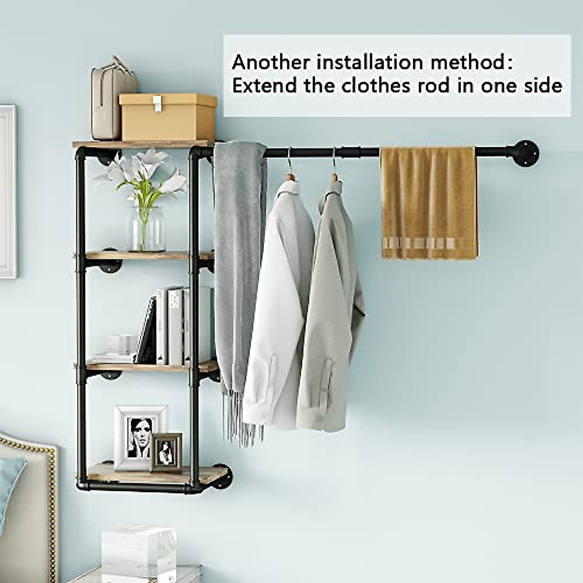 Wall Mounted Pipe Clothing Rack with Shelves, Industrial Clothes Rack with 4 Tier Closet Bar Heavy Duty Iron Garment Rack, Retail Display Clothes Rod for Hanging Clothes,Laundry Room (Black)