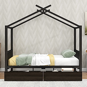 CITYLIGHT Full Size House Bed for Kids, Metal Full Platform Bed Frame with 2 Storage Drawers, Roof, Headboard and Footboard, Full Storage Canopy Bed for Kids, Girls & Boys, Black