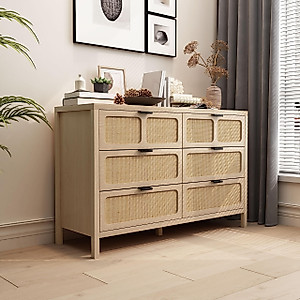 QEIUZON 6 Drawer Dresser, Modern Rattan Dresser Chest with Wide Drawers and Metal Handles, Farmhouse Wood Storage Chest of Drawers for Bedroom, Living Room, Hallway, Entryway (Natural-6 Drawers)