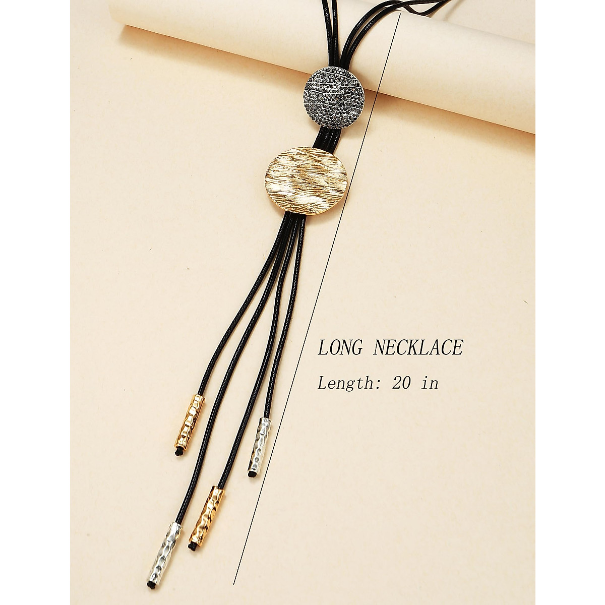 KISSKIKO Long Necklaces Tassel Sweater Chain for Woman | Girls Retractable Lucky Disk Pendant | Gold/Silver Black Ore Rhinestones PU Leather Rope Y Necklace Gift