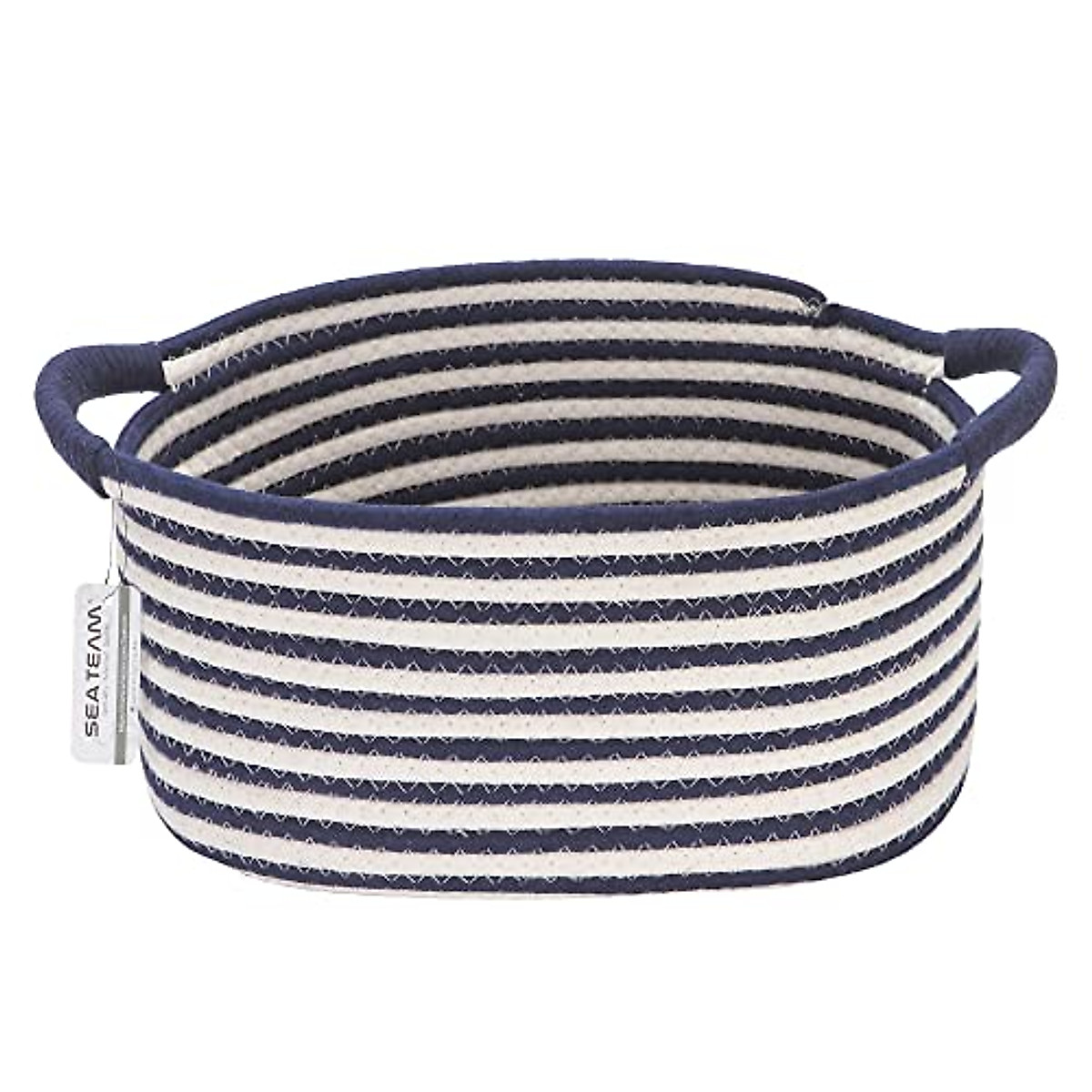 Sea Team Oval Cotton Rope Storage Basket, Woven Storage Bin, Nursery Storage Container with Handles, Diaper Caddy, Baby Shower Basket, Storage Box, Organizer, 15 x 11 x 6.5 Inches (Medium, Navy Blue)