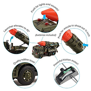 Vokodo Military Launcher Truck Friction Powered Fighter with Lights Sounds and Pull Back Missile Kids Push and Go Army Carrier Vehicle Pretend Play Armored Toy Car Great Gift for Children Boys Girls