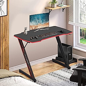 BLKMTY 47" Gaming Desk Z Shaped Gaming Desk Large Home Office Desks PC Computer Desk Workstation Study Desk Table Ergonomic Gamer Desk Wood Writing Desk with Headphone Hook for Game Player, Red