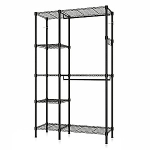 BELLEZE Garment Rack for Hanging Clothes, Clothes Rack with Adjustable Shelf, Freestanding Clothing Rack Closet Organizer Rack with 2 Pairs Side Hooks, Heavy Duty Closet Wardrobe for Bedroom, Black