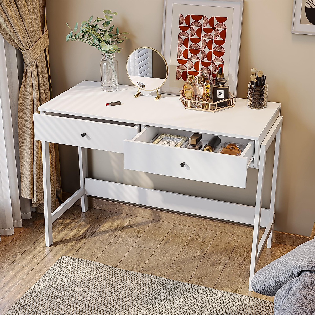 JOINHOM Home Office Desk with Drawers, Small Spaces Writing Desk with Storage for badroom, Work Desk for Home Office, Home Table, White
