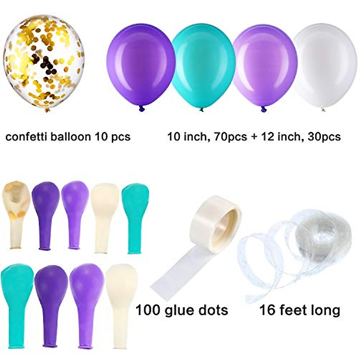 Tatuo 112 Pieces Purple Balloon Garland Kit White Purple Confetti Latex Balloon Arch Garland for Wedding Birthday Graduation Baby Shower Party Decorations(Purple Green)