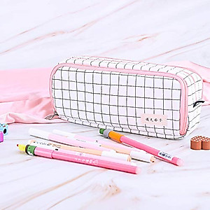 Oyachic Cute Plaid Pencil Case Large Striped Makeup Pouch Cosmetic Organizer Bags 3 Layer Zipper Pen Holder for Women School