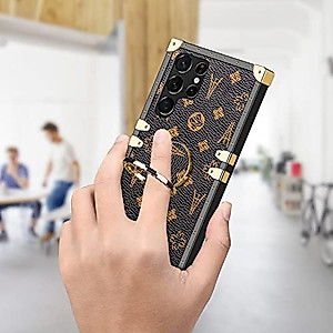 WOLLONY for Galaxy S22 Ultra Square Leather Case with Kickstand Ring Stand Holder Luxury Retro Case for Women Girls Metal Edges Shockproof Protective Cover for Samsung Galaxy S22 Ultra 6.8'' Brown