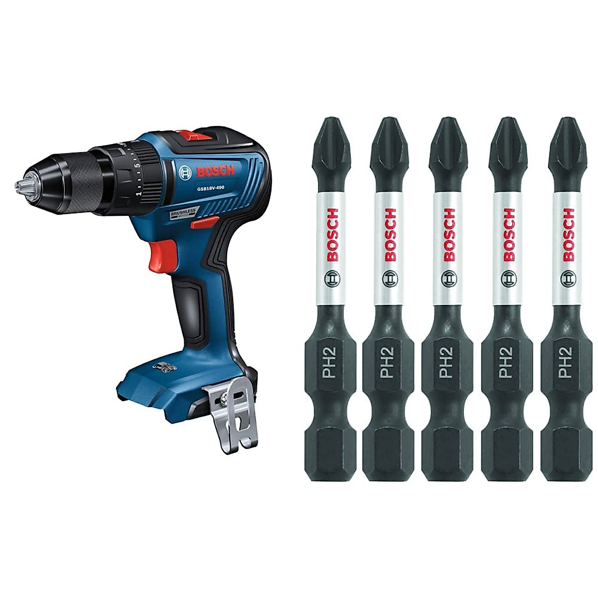 Bosch GSB18V-490N 18V EC Brushless 1/2 In. Hammer Drill/Driver (Bare Tool)&BOSCH ITPH2205 5 Pc. 2 In. Phillips #2 Impact Tough Screwdriving Bit