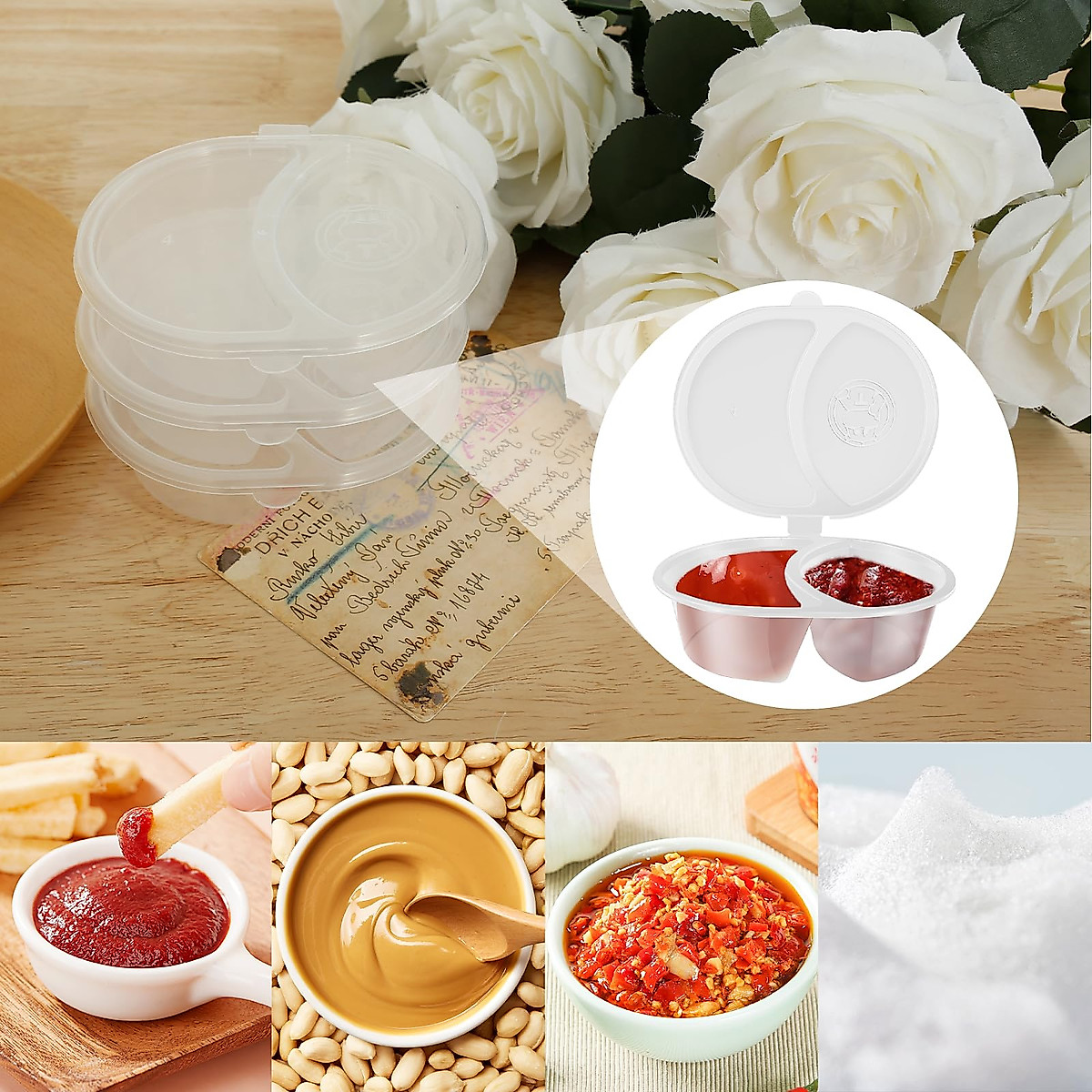 OWTWCNL 50Pcs Double Condiment Containers, Double Compartment Condiment Container with Lid, Leakproof Clear Plastic 150ml Portion Cups Chutney Chili Sauce Dips Snack Boxes