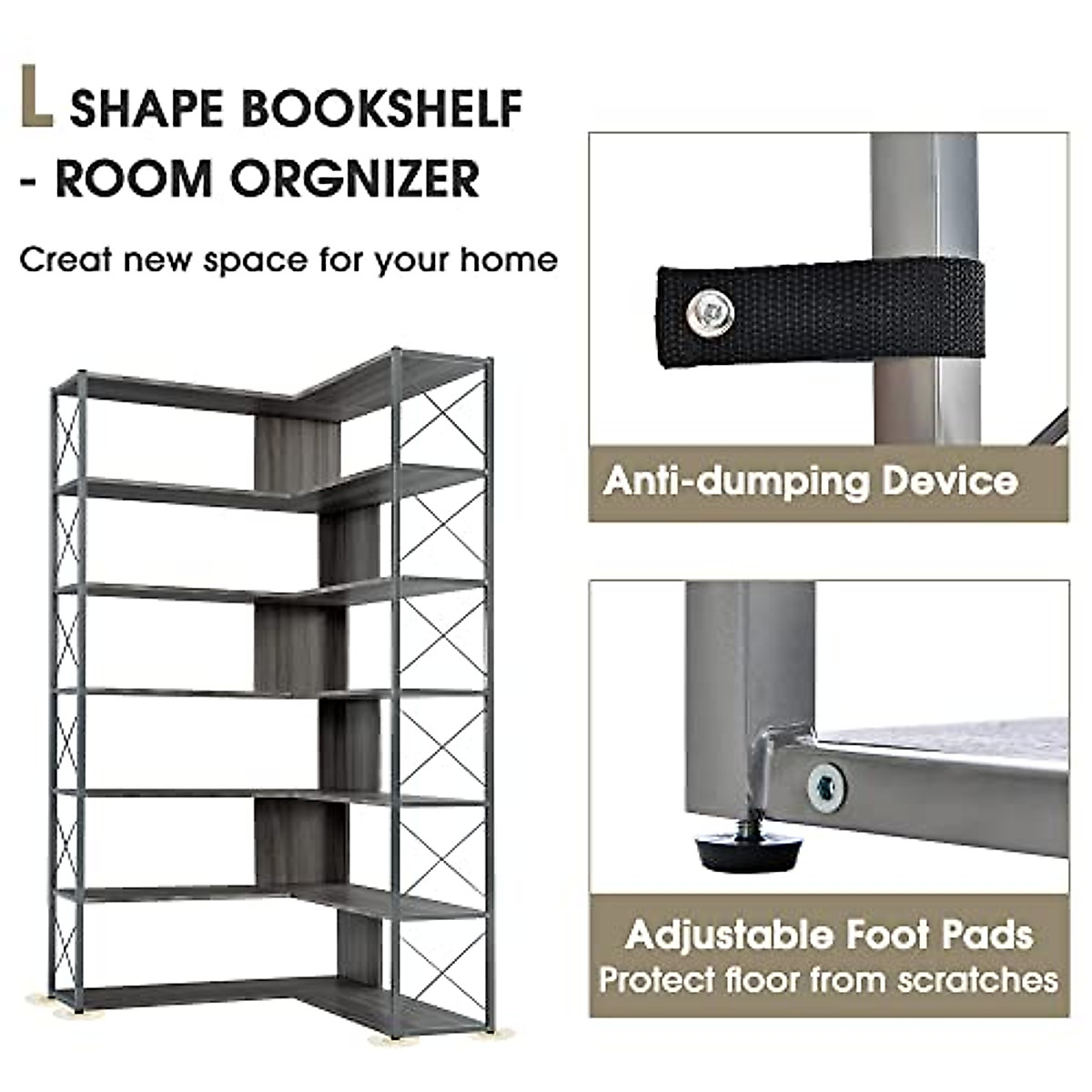 Corner Bookcase, 7-Tier L-Shaped Tall Bookshelf with Open Storage, Freestanding Industrial Etagere Shelf with Metal Frame for Home Office Funiture, Grey, Silver Frame