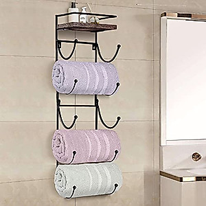 Towel Rack Wall Mounted with Top Shelf,Towel/Wine Rack Holder Organizer with 5 Compartments and Top Wooden Shelf for Bathroom Storage Bath Towels, 30.7" L x 7" W