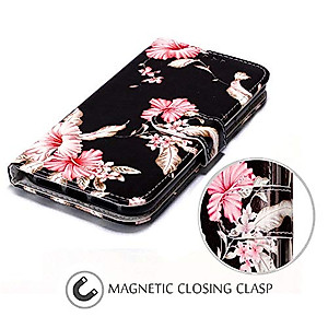 JanCalm Compatible with iPhone 11 Wallet Case, Floral Pattern Premium PU Leather [Wrist Strap] [Card/Cash Slots] Stand Feature Flip Cases Cover for iPhone 11 Case Wallet (Black/Flower)
