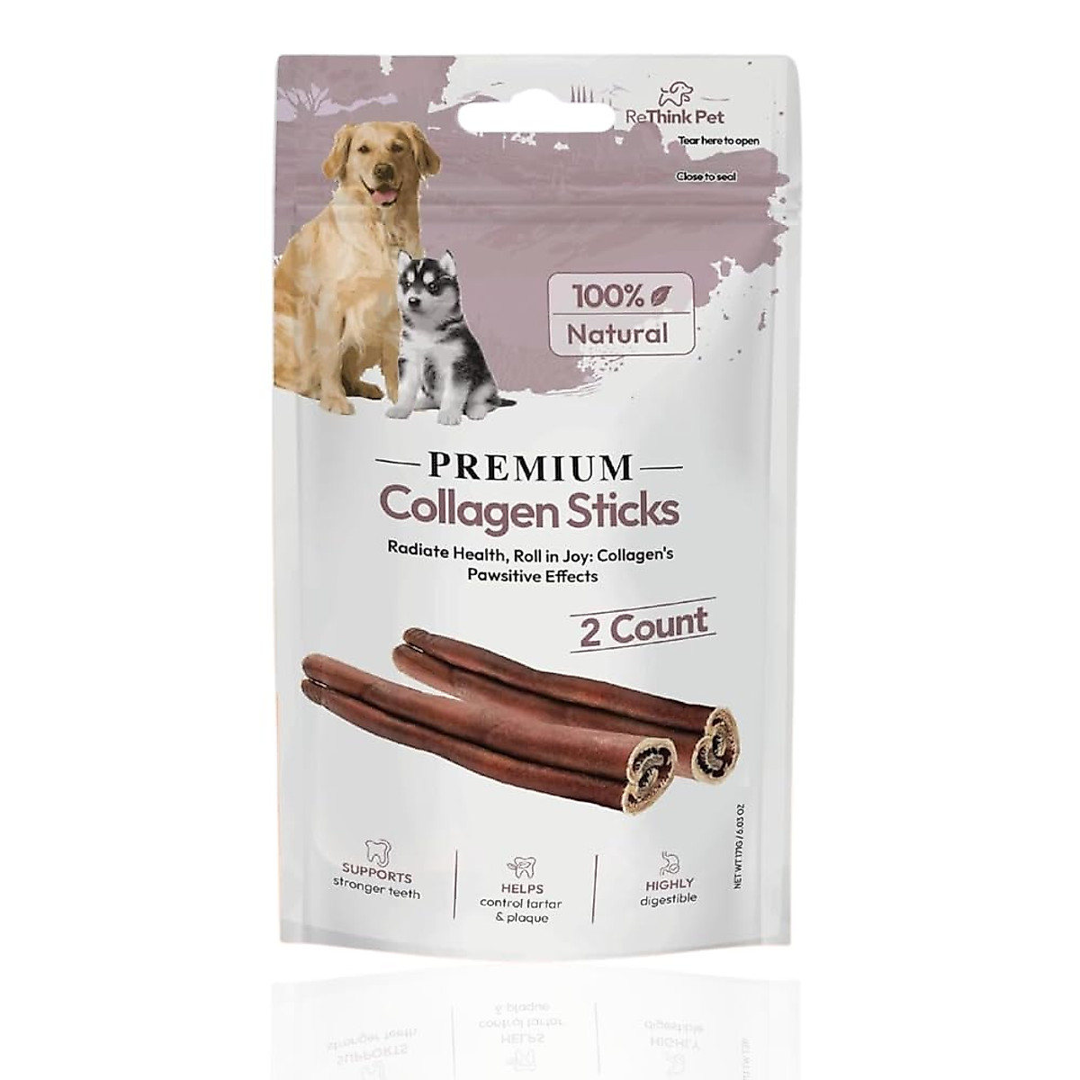 ReThink Pet Premium 2pcs Collagen Sticks for Dogs, All Natural Dog Collagen Sticks, Great Tasting to Support Healthy Skin & Shiny Coats, Highly Digestible, Beef Collagen Chews for Dogs, Collagen Chew