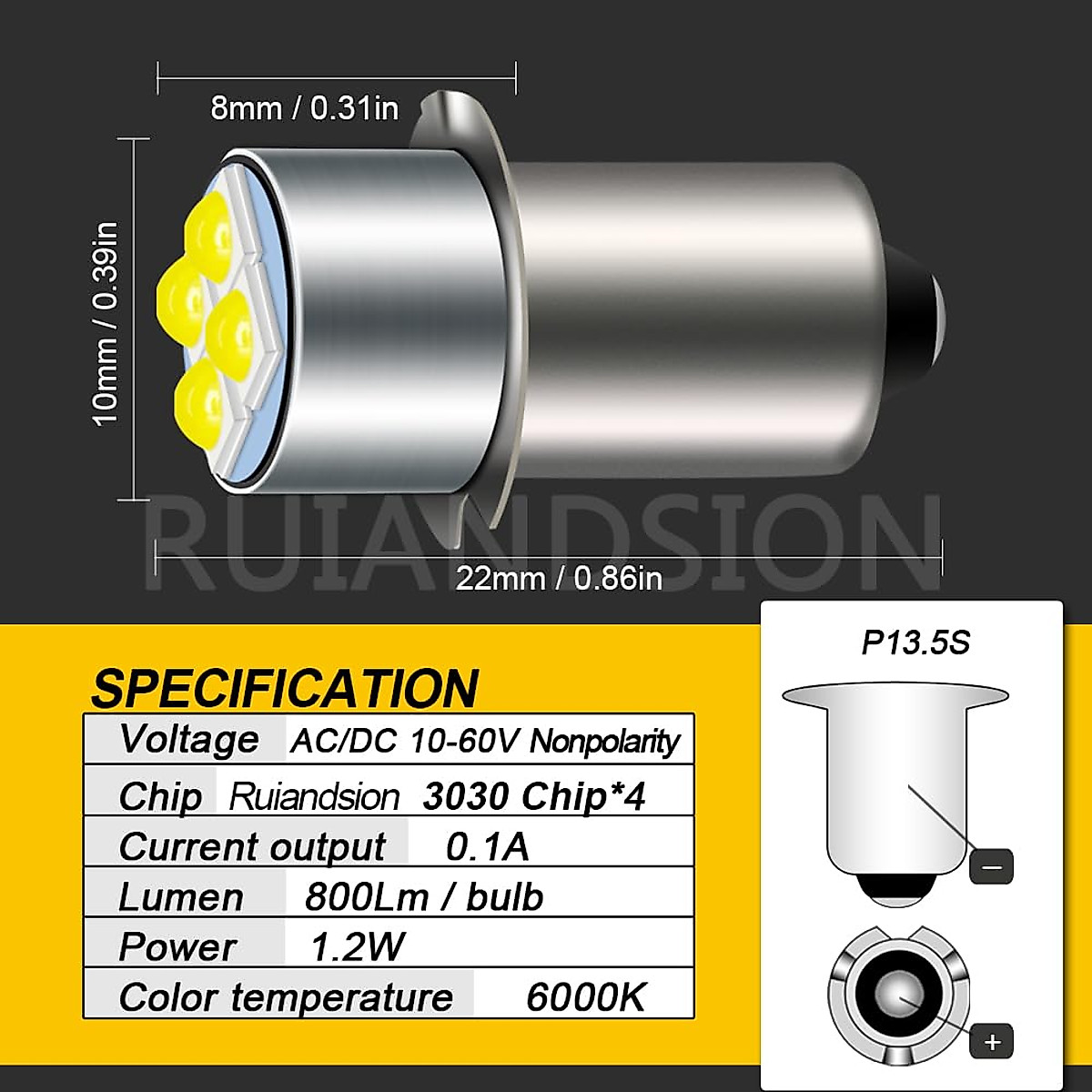 Ruiandsion 2pcs P13.5S Screw Base LED Bulb 10-60V White 3030 4SMD Replacement for Flashlights Torch Work Lights, Non-Polarity
