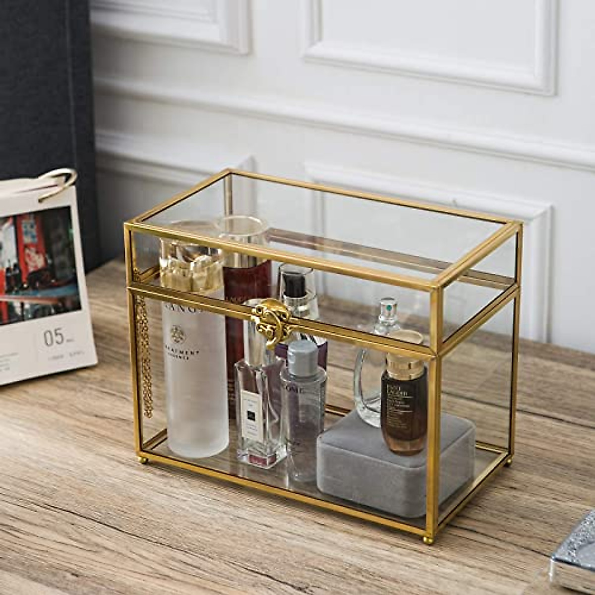 Smart Wyche Large Glass Box Wedding Card Box with Lock for Cosmetic Jewelry Sculpture DIY Mini Garden, Sturdy, 10 L x 5.71 W x 7.88 H" - Gold