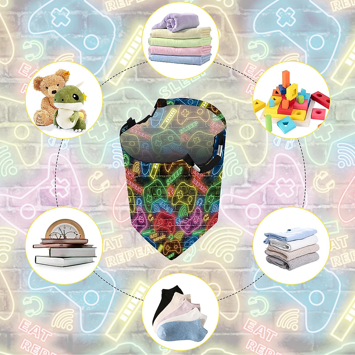 Large Size Boys Laundry Hamper Neon Gamer Basket with Handle Waterproof Foldable Lightweight Clothes Bucket Gift Toy Organizer for Laundry, Bedroom,Bathroom Decor (Neon Gamer)